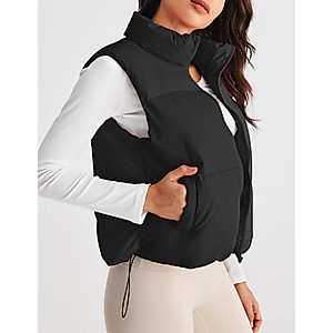 MEROKEETY Women's Quilted Puffer Vest Lightweight Stand-up Collar Soild Color Warm Outewear, Black, X-Large