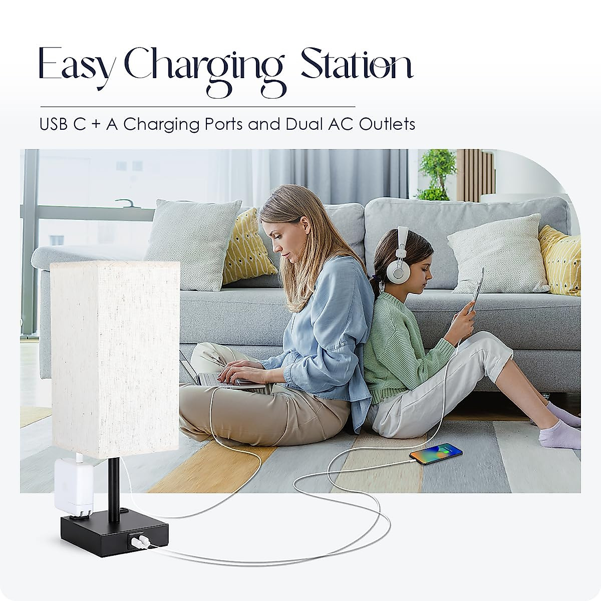 Touch Control Table Lamps Set of 2 - Nightstand Lamp for Bedroom with USB C+A Charging Ports & AC Outlets, 3-Way Dimmable Bedside Lamp Grey Fabric Shade for Bedroom Living Room, Office(Bulb Included)