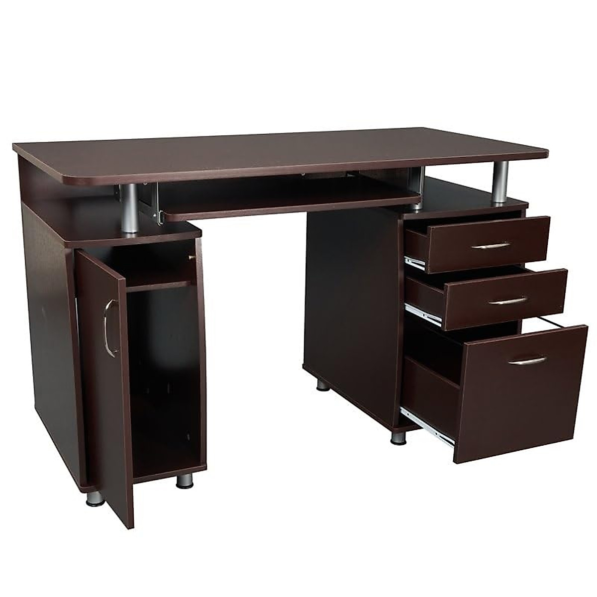 Pemberly Row 48" Wide Home Office Computer Desk in Gray with CPU Storage Cabinet and Hanging File Cabinet, Brown