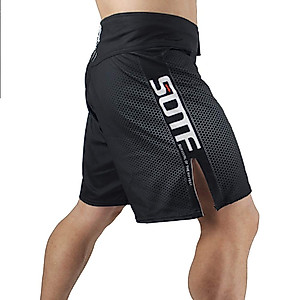 SOTF Boxing Shorts for Men Training Fight Shorts Men MMA BJJ Shorts No Gi with Pocket Black M Waist 33-34.6 inch