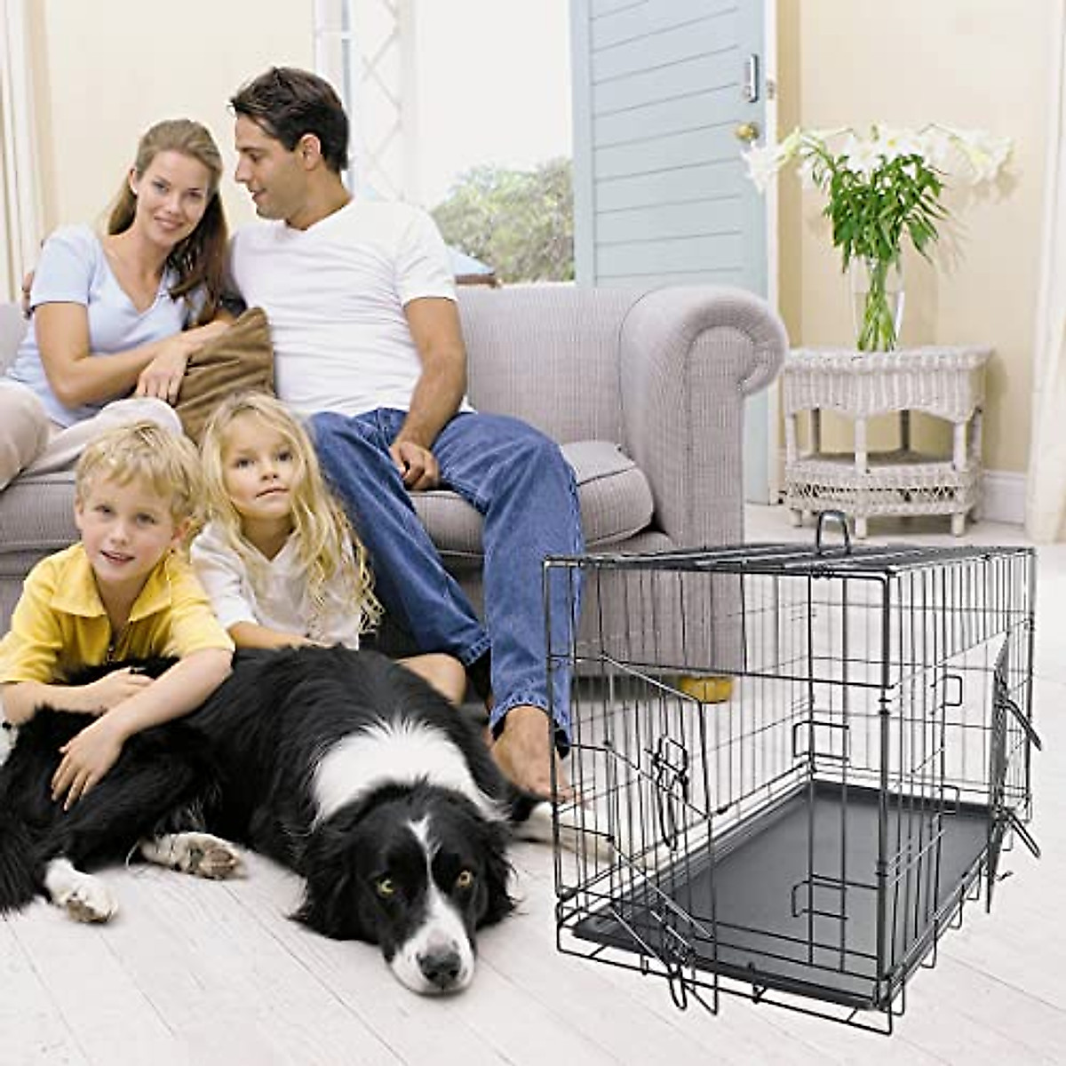 SIGNZWORLD Large Dog Crate, 42-Inch, Black, Foldable, Portable, Secure, Removable Tray, Handle, Suitable for Intermediate Dog Breeds