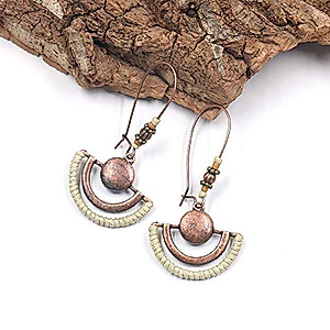 Lightweight Handmade Weave Boho Bohemian Fan Shape Earrings for Women Geometric Dangle Drop Hollow Half Round African Tribal Ethnic Jewelry (Copper)