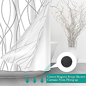 LXBNI No Hook Grey White Striped Shower Curtain with Snap in Fabric Liner Set - Hotel Shower Curtain and Liner Set with See Through Mesh Top Window,Machine Washable, 71x74 INCH