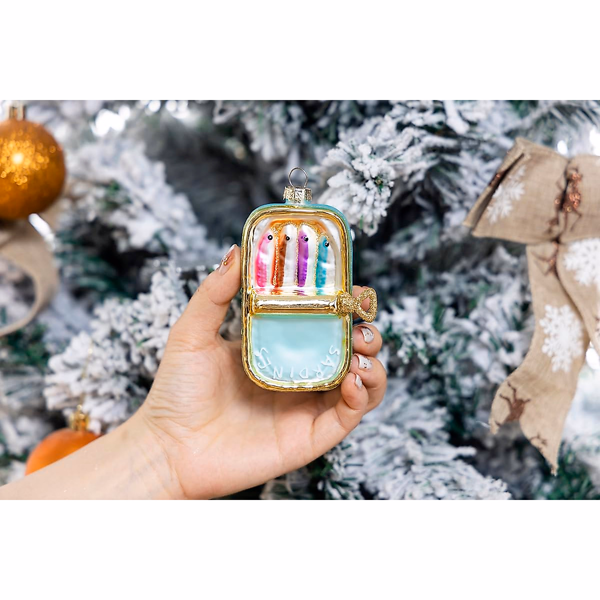 2 Pack Glass Sardine Tin Christmas Ornaments for Christmas Tree Decorations, Hanging Decorative Hand Painted Blown Glass Sardine Can Canned Fish Seafood Ornaments