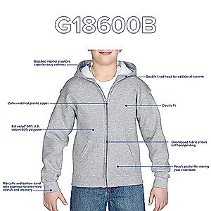 Gildan Youth Full Zip Hoodie Sweatshirt, Style G18600B, Black, Small