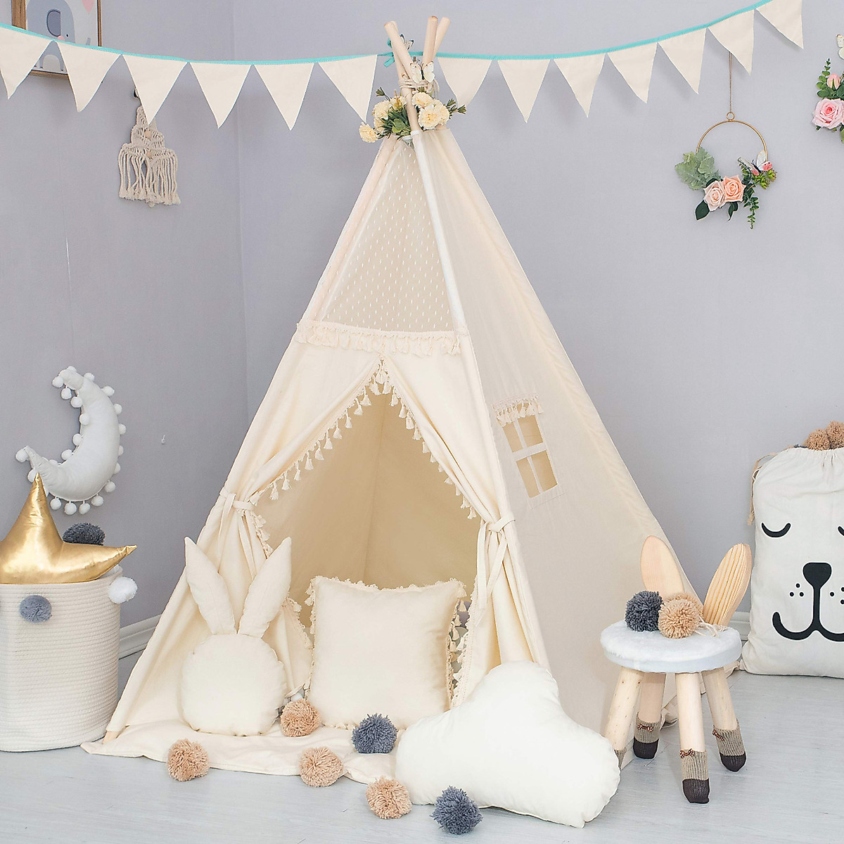 TreeBud Kids Teepee Tent with Padded Mat, Banner, Fairy Lights, Yarn Ball, Carry Bag, Beige Cotton Canvas Play Tent for Child with Tassels Lace, Play House Tipi for Kids Room Decor