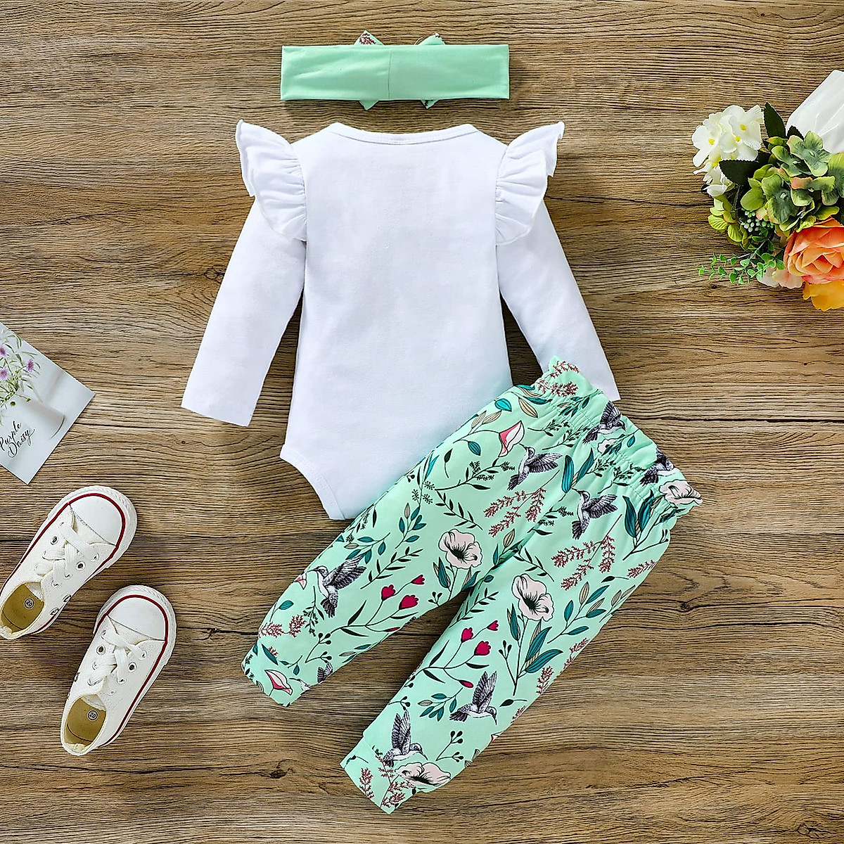 ZOELNIC Newborn Baby Girl Clothes Ruffles Long Sleeve Romper Floral Leopard Pants Headband 3pcs Toddler Outfit Sets(Green,6-9M)