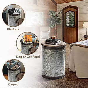Rustic Storage Ottoman Seat Stool, Farmhouse Accent Side Table, Antique Galvanized Metal End Table Box Bin with Round Wooden Lid Set of 2 (Stand Galvanized)