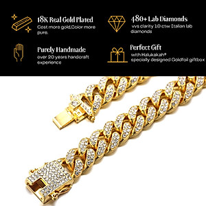 Halukakah Diamond Cuban Link 14MM,Gold Chain for Men Iced out Miami 18k Real Gold Plated Choker Necklace 16",Full Cz Diamond Cut Prong Set,with Giftbox