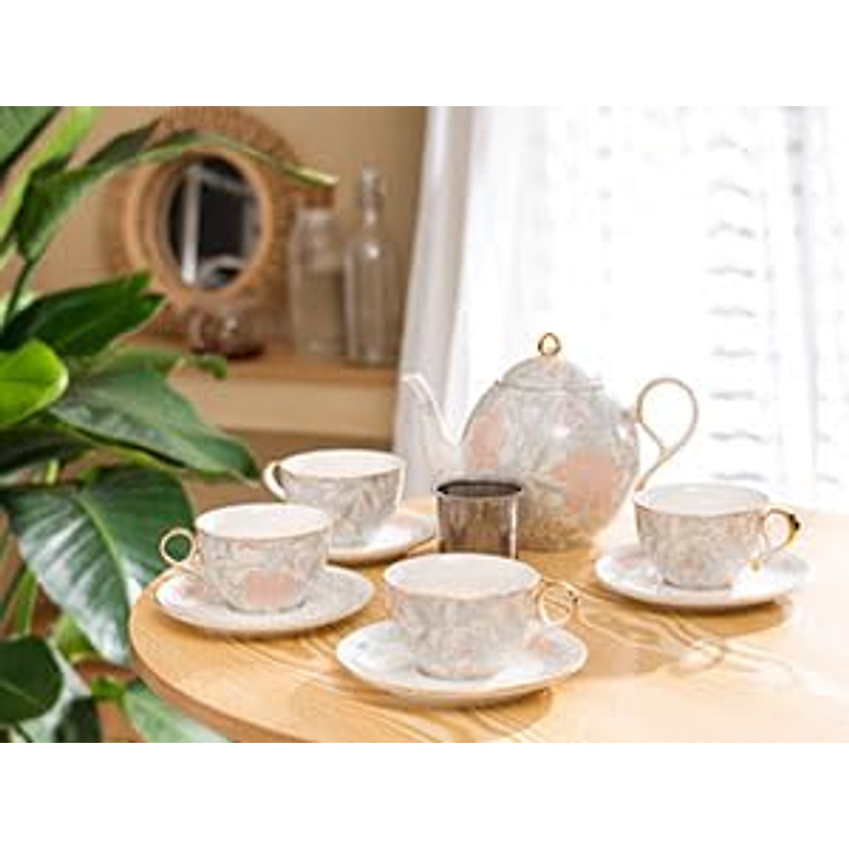 Taimei Teatime Porcelain Tea Set, European Teapot Set with 1 Teapot with Infuser (37 oz), 4 Tea Cups and Saucers, Tea Set for Woman with Lily Floral Pattern, Tea Gift Set For Tea Lover and Woman