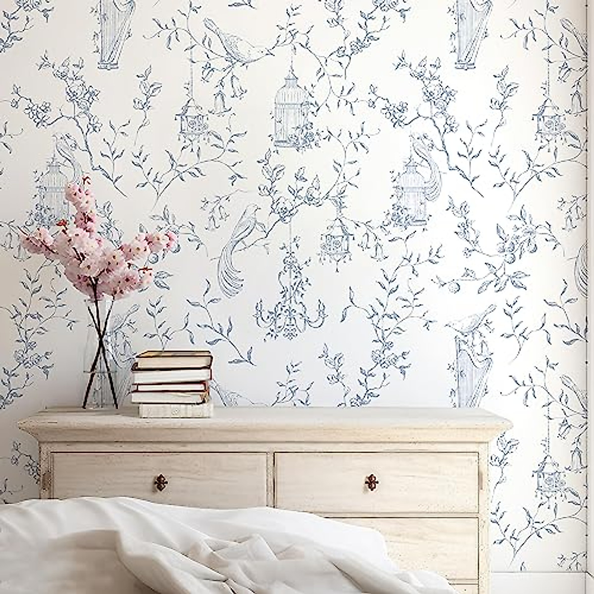 RollsRolla Toile Wallpaper Modern Farmhouse Wallpaper Peel and Stick Wallpaper Vintage Ivory Beige Neutral Blue and White with Birds and Flowers for Accent Wall Bedroom Bathroom
