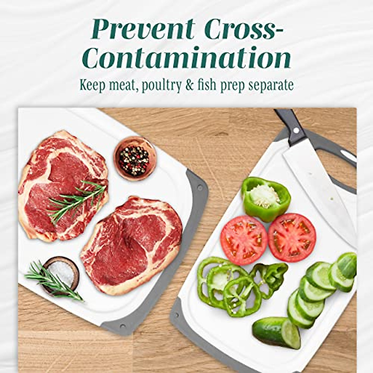 HOMWE Cutting Boards for Kitchen - Chopping Board 3-Pack w/ Different Sizes and Non Slip Handles - Reversible, Large Cutting Board Set - Unique Gifts for Cooks Who Have Everything - Gray