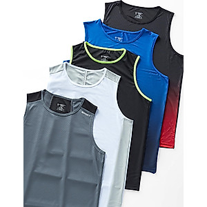 Liberty Imports Pack of 5 Men's Stretch Cool Dry Muscle Tank Tops Athletic Crewneck Sleeveless Workout Shirts (Black/White/Gray/Gradient Red/Gradient Blue, Medium)