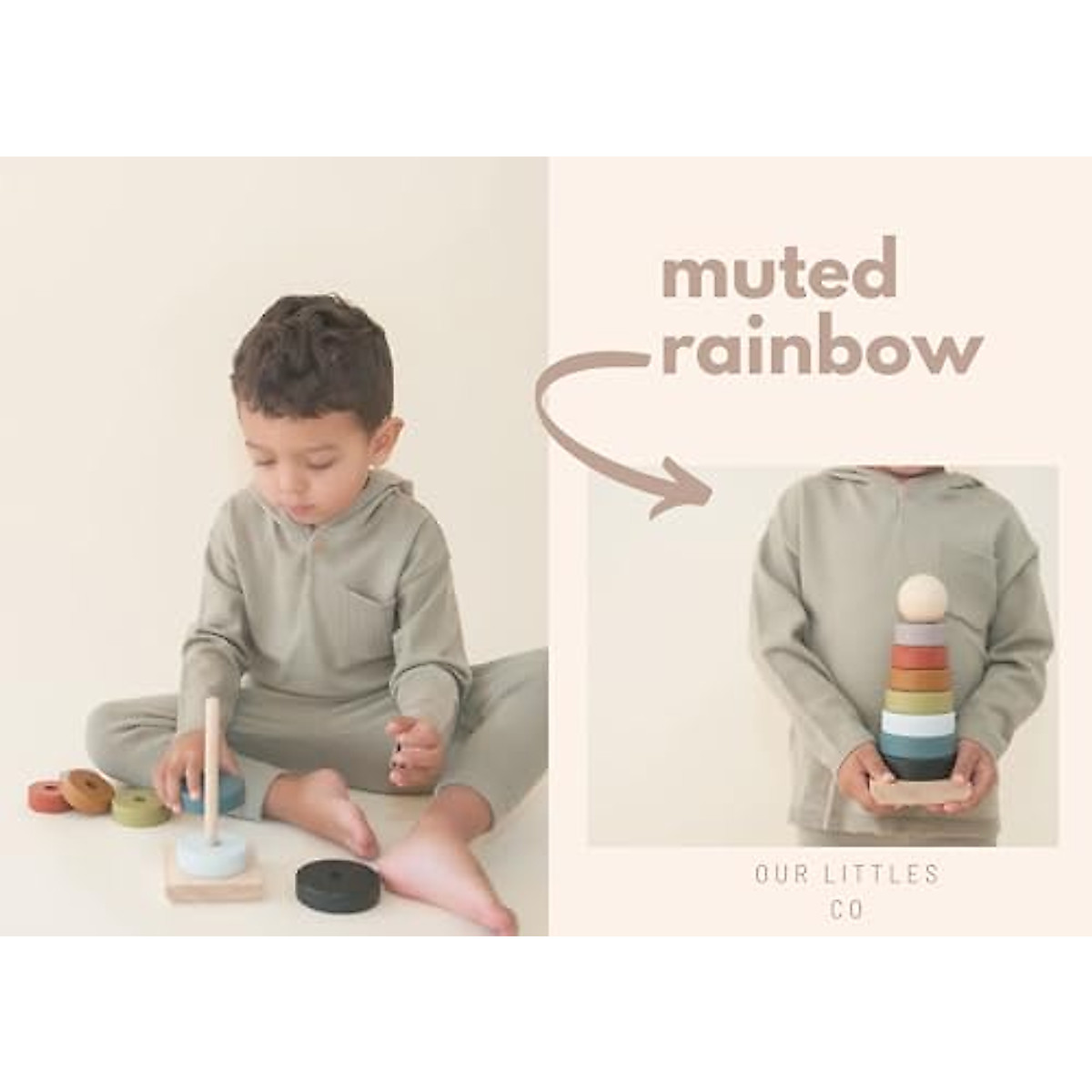 Our Littles Co Neutral Rainbow Wooden Ring Stacker Toy | Montessori Stacking Rings for Toddlers | Educational & Developmental Sensory Toys Non-Toxic, Safe & | Designed in The USA