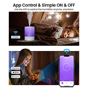Cool Mist Humidifiers for Bedroom Large Room, Esemoil 2.5L Smart WiFi Baby Air Humidifier with Top-Fill & 28dB Quiet, 24H Ultrasonic Diffuser for Plants, 8 Color Light, Voice Control, Works with Alexa