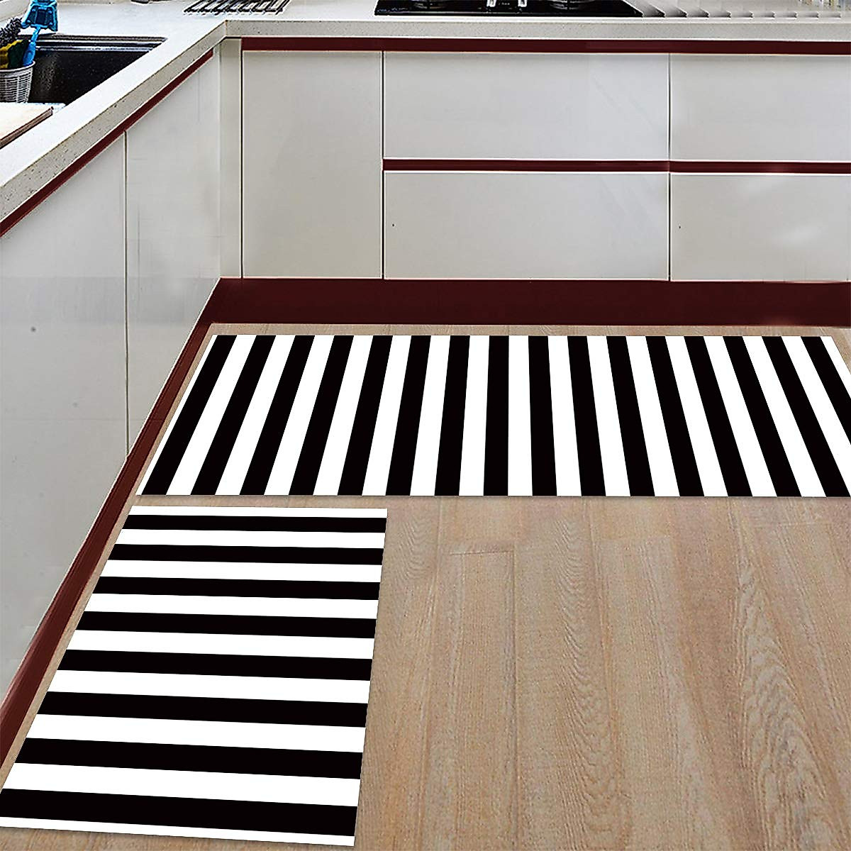 Black White Stripes Kitchen Rugs and Mats Set of 2, Washable Floor Doormat Comfort Area Runner Rug Non-Slip Rubber Backing for Indoor Classic Modern Striped