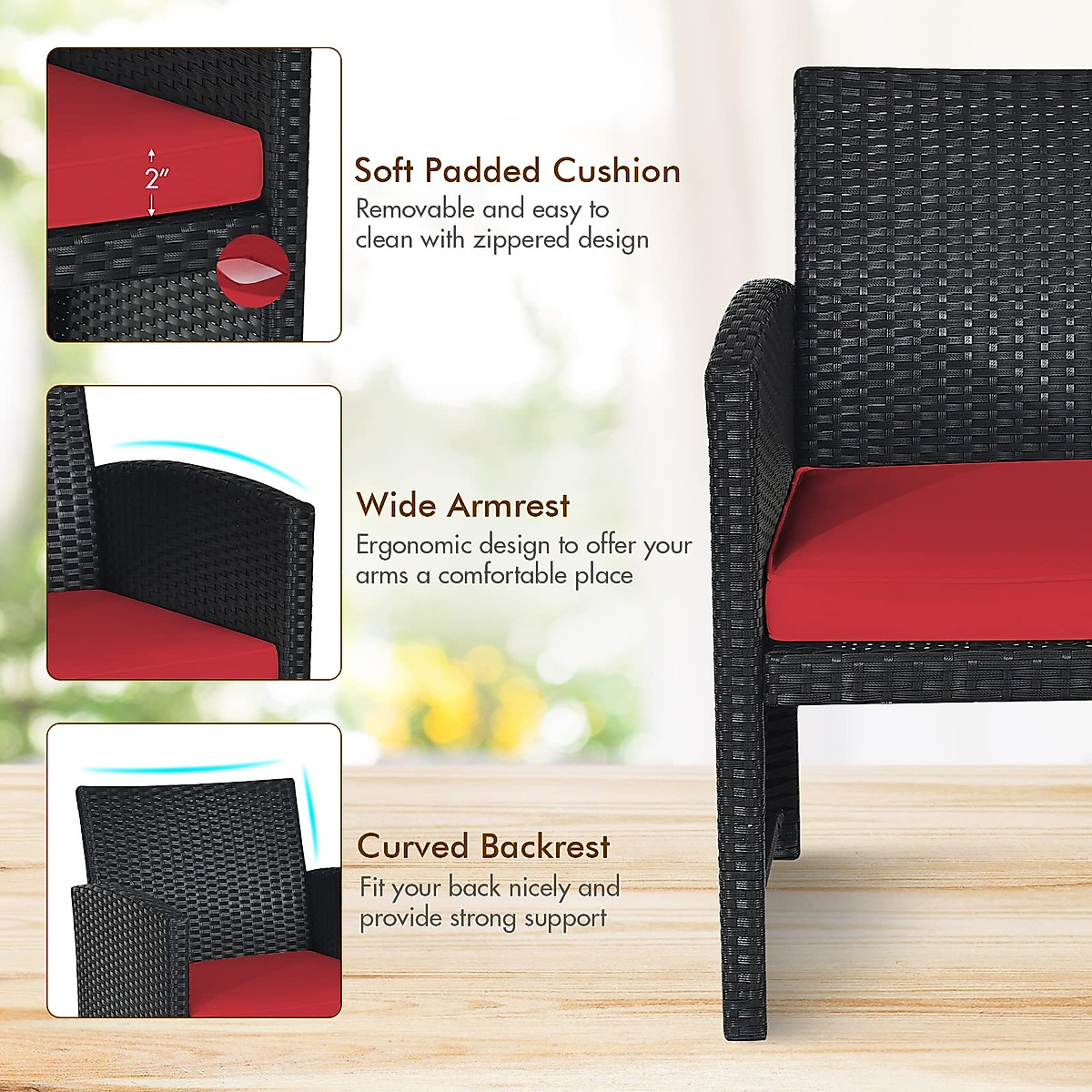 Goplus Rattan Patio Furniture Set 4 Pieces, Outdoor Wicker Conversation Sofa and Table Set with Soft Cushions & Tempered Glass Coffee Table for Balcony Garden Backyard (Red)