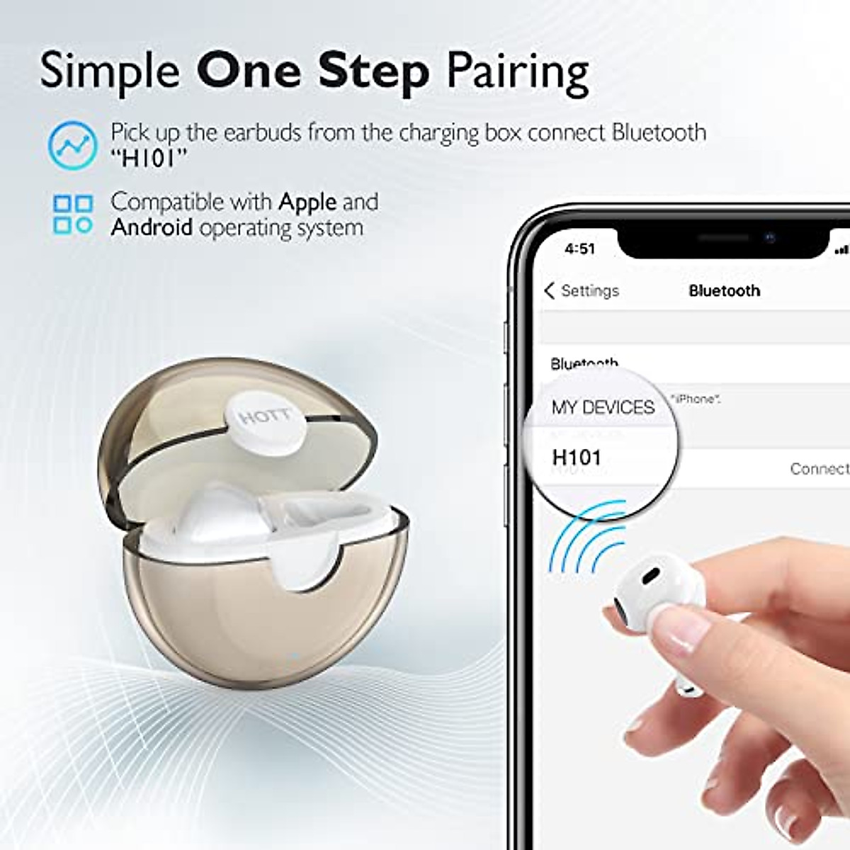 HOTT Bluetooth Earbuds, Wireless Bluetooth Headphones with Type C Charging Case, Touch Control Sweat Resistant Earphones Built-in Microphone, High-Fidelity Stereo Earbuds for Sport