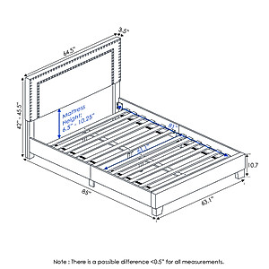 Furinno Laval Double Row Nail Head Upholstered Platform Bed Frame, Queen, Glacier