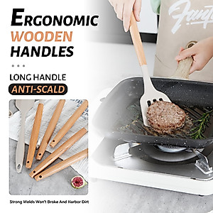 Hvygss 26Pcs Kitchen Utensils Set with Holder, Large Silicone Cooking Utensils Set for Nonstick Cookware Wooden Handle Spatulas Silicone Heat Resistant Kitchen Gadgets Utensil Sets (Khaki)