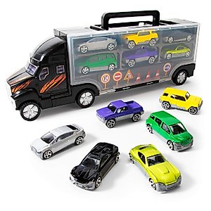 Boley Die Cast Car Truck Carrier - 14 Piece Toy Trucks, Cars, and Traffic Signs Playset for Kids and Toddler Boys and Girls Ages 3 and Up