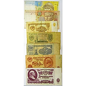 Lot of 5 USSR Old Rare Banknotes and 2 Ukrainian notes: 1, 3, 5, 10, 25 Rubles Collectible 1961 with Lenin Portrait and 2 Ukrainian notes 1,2 hryvnia
