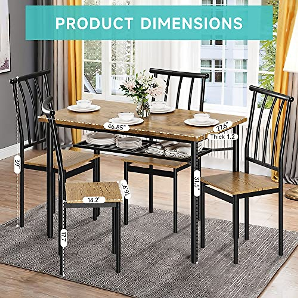 Amyove Dining Room Set for 4 Kitchen Table and Chairs for 4 with Storage Rack, Rustic
