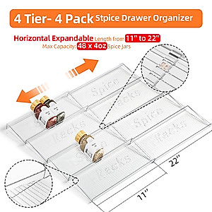PanPanPal Spice Drawer Organizer, 4 Tier- 4 Pack Clear Acrylic Drawer Seasoning Organizer, Expandable From 11'' to 22'' Kitchen Spice Rack Organizers and Storage for Drawer (Jars not included)