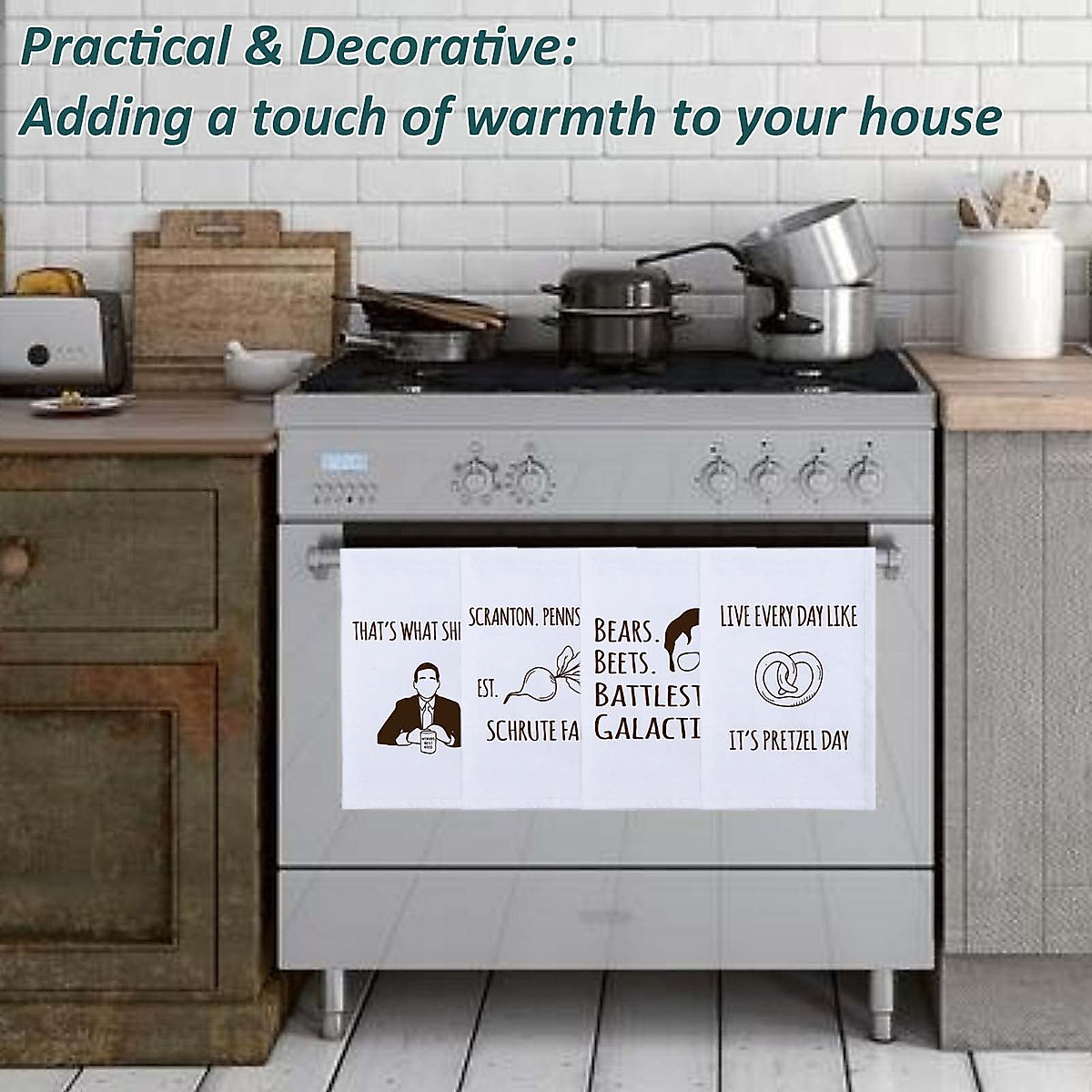 PDBOOM The Office Kitchen Towel Sets of 4, Funny Dish Decorative Towels for Mom, Hostess Housewarming Birthday Women, Punny Flour Sack Fans , Cute Dishcloths White