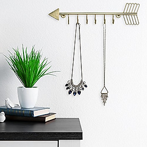 MyGift Brass Metal Arrow Jewelry Organizer, Wall Mounted Necklace Bracelet Hanging Rack with 6 Hooks
