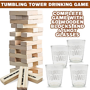 ArtCreativity Tumbling Tower Drinking Game, Drinking Game with 4 Glasses and 60 Wooden Blocks with Challenges, Fun House Party Games for Game Night, Great Gift Idea