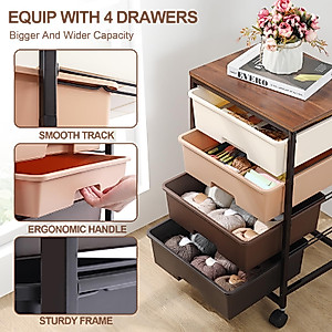 TOOLF Utility Cart with Drawers and Wooden Tabletop,4 Drawers Rolling Storage Cart,Arts and Crafts Organizer Storage Cart for Bedroom,Kid's Room,Dorm,Classroom,Office,Brown