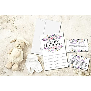 Baby Shower Invitation Kit, Diaper Raffle Games, Books For Baby, Blush Pink Floral Baby Gender Reveal Fill In Invites Cards, Each Design 25 Cards & 25 Envelopes （A Total of 100 set） - BABYSET-001