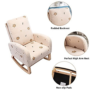 Setawix Rocking Chair for Nursery, Midcentury Modern Accent Rocker Armchair with Side Pocket, Upholstered High Back Wooden Rocking Chair for Living Room Baby Room Bedroom（Beige Bear）