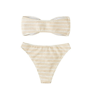 GORGLITTER Women's 2 Piece Strapless Swimsuit Striped Bandeau High Waisted Thong Bikini Set Bathing Suit Khaki