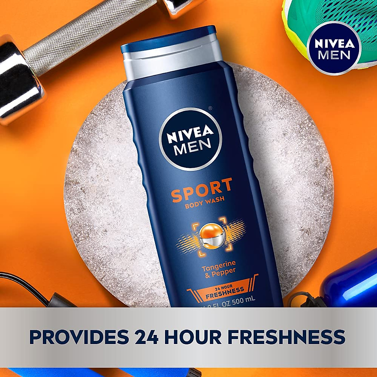 Nivea Men Sport Body Wash with Revitalizing Minerals, Tangerine and Pepper Scent, 3-in-1 Men's Body Wash, Face and Hair, Paraben Free, Vegan Formula, 16.9 Fl Oz Bottle, Pack of 3