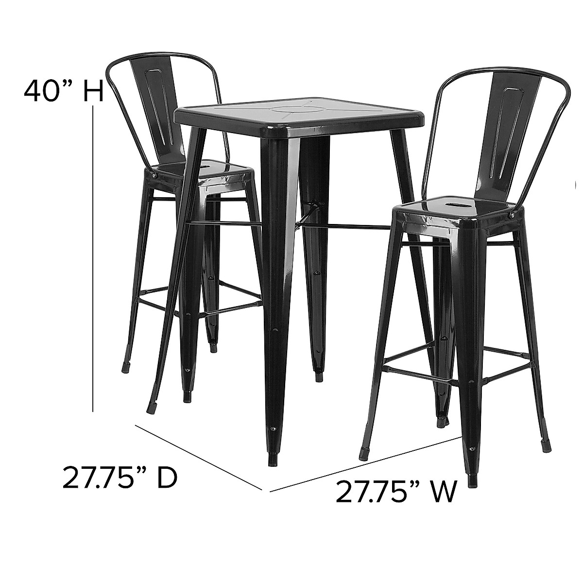EMMA + OLIVER Commercial 23.75SQ Silver Metal Indoor-Outdoor Bar Table Set-2 Stools-Backs