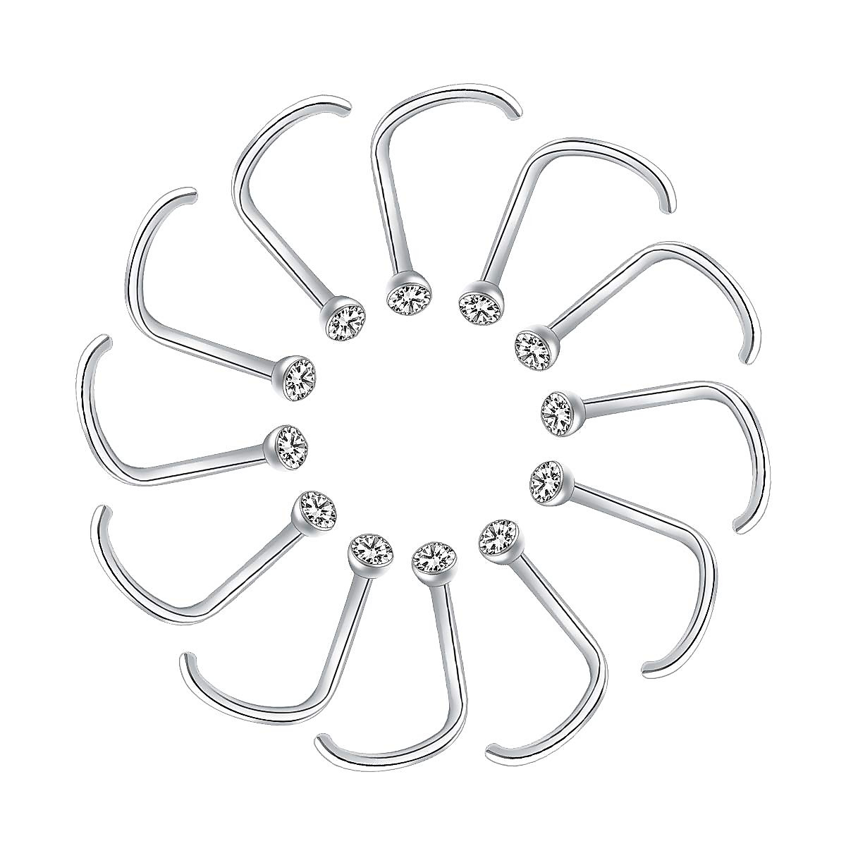 CrazyPiercing 12pcs Wholesale Lot Bling-Bling Crystal Rhinestone Stainless Steel Body Piercing Jewelry Nose Ring, Hypoallergenic, 20 Gauge