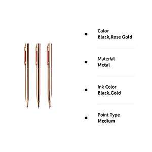 LONGKEY 3 Pack Slim Ballpoint Pens Black ink Medium Point 1.0 mm Writting Pen, Great Gift for Wedding Business Office Students Teachers Christmas (Rose Gold)