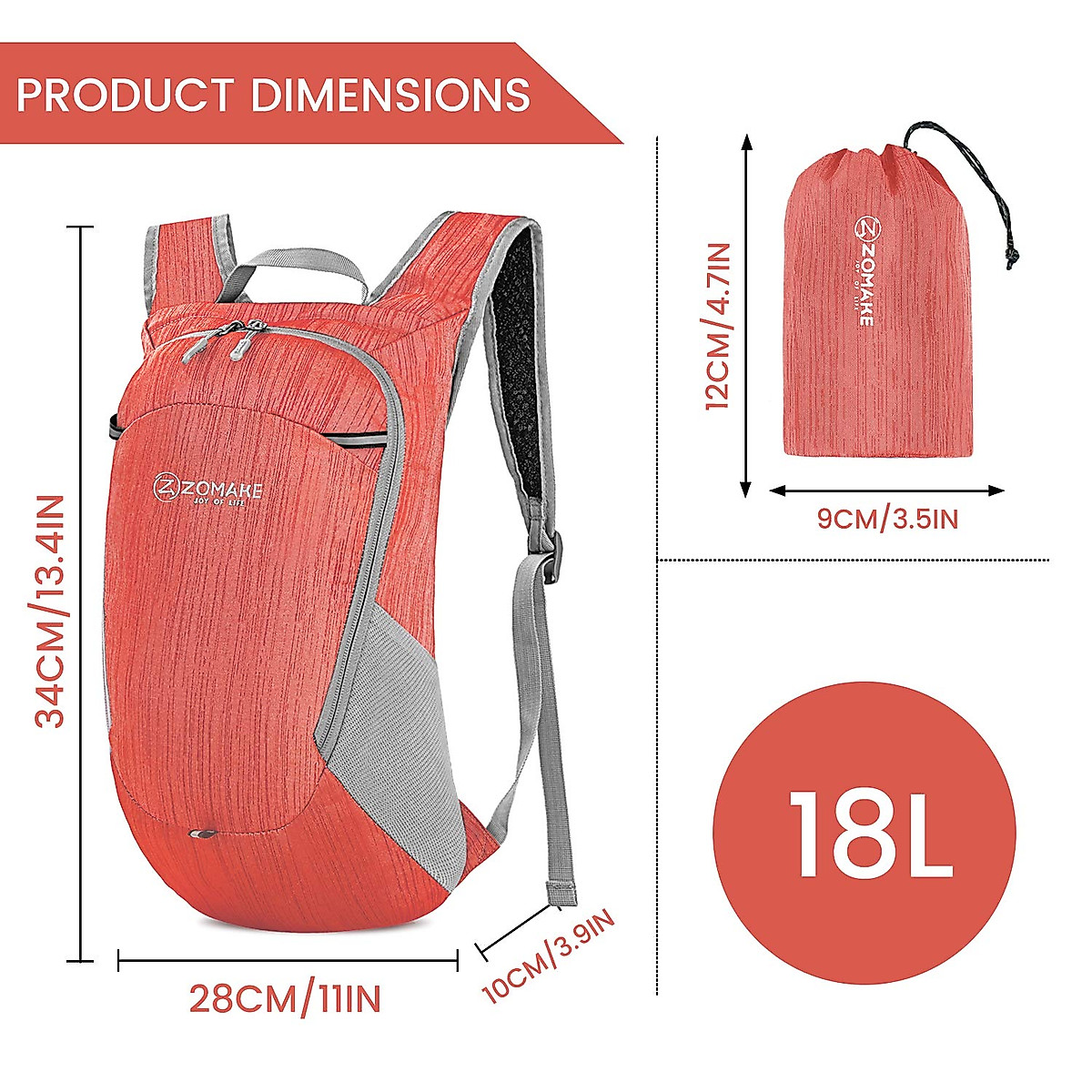 ZOMAKE Ultra Lightweight Packable Backpack 18L, Small Foldable Hiking Backpacks Water Resistant Folding Daypack for Travel(Red)