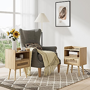 Masupu Nightstand Set of 2, Rattan Nightstand not Charged and Rattan Edge Bedside Table Bundled Products