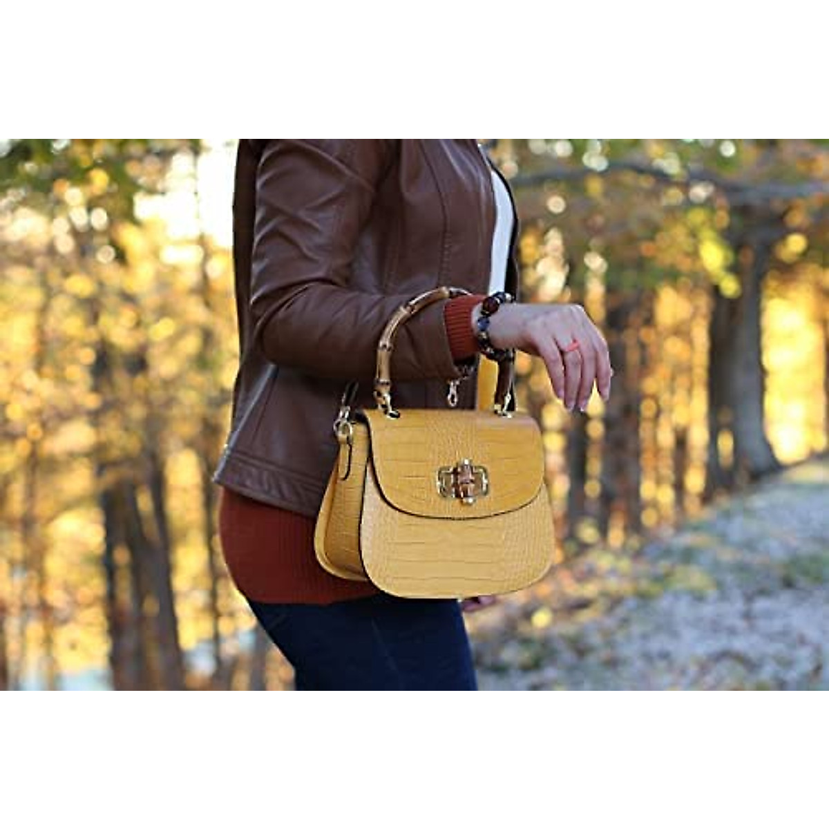 Women Handbag Leather Bamboo Top handle Crossbody bag Elegant Purse Evening bag Gift for Women Handmade Made in Italy (Mustard)