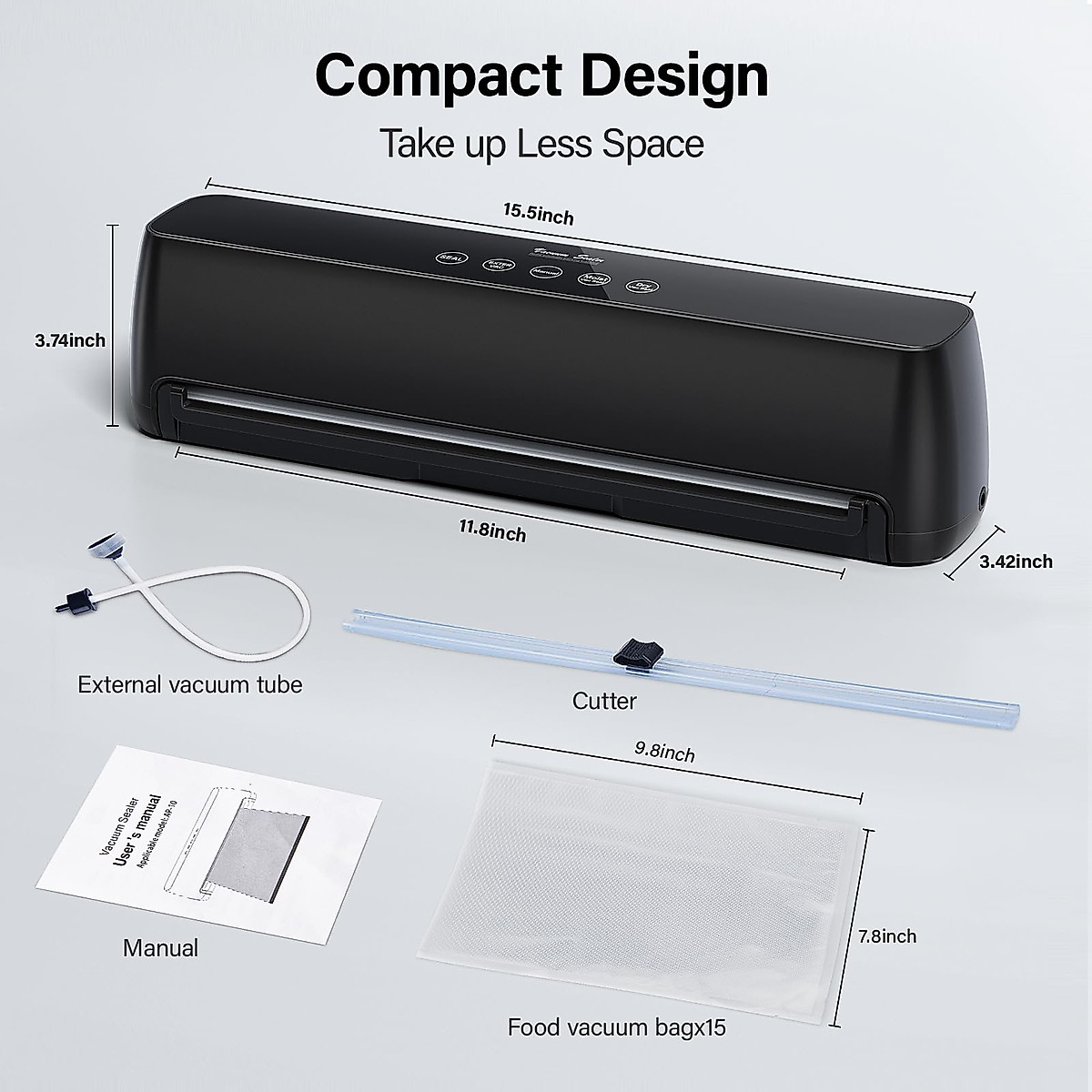 BYUVEVSR Fully Automatic Vacuum Sealer Machine, Hands-Free Operation 5 Functions, Suitable for Sealing Dry and Wet Foods, LED Indicator Compact Design Includes 15 Bags Black 14.9 x 5.9 x 2.28 AP-10-B