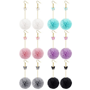 6 Pairs Butterfly Pom Pom Earrings Drop Dangling Colorful Pom Pom Earrings Winter Jewelry Butterfly Pendant Earrings Faux Fur Fluffy Ball Earrings for Women