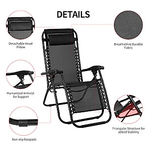 VTOY Zero Gravity Folding Reclining Lounge Chair with Pillow,Adjustable Reclining Patio Chairs,Side Table for Home/Office/Camping/Pool Yard with Cup Holder (Black)