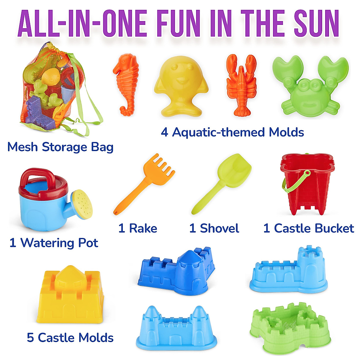 Click N' Play Toddler Beach Toys for Kids 3-10 - 13 Piece Sand Toys Including Sand Bucket, Watering Can, Rake, Shovel, 9 Sand Molds, and Mesh Beach Toy Bag - Beach Sandbox Toys for Toddlers & Kids