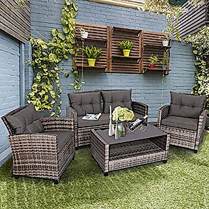 Tangkula 4 PCS Patio Wicker Conversation Furniture Set, Outdoor Rattan Sofa Set with Padded Cushion & Tempered Glass Coffee Table, Wicker Sectional Sofas & Table for Courtyard Balcony Garden (1, Grey)