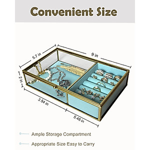 Ylu Yni Glass Jewelry Organizer Box Clear Keepsake Case with Gold Frame with Velvet Trinket Tray, Display Box for Earring Ring, Necklace, Accessories.