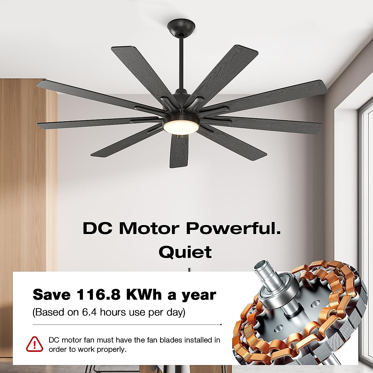 warmiplanet Ceiling Fan with Lights Remote Control, 62-Inch, Silent DC Motor, 6 Speed, Dimmable LED Light, Black(9-Blades)