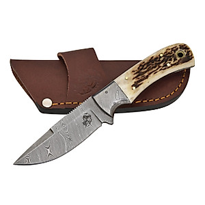 Knives Ranch Handmade All-Rounder Damascus Steel 7-1/2" Knife with Red Stag Antler Handle and Heavy-Duty Cow Leather Horizontal Carrying Cowboy Style Sheath (2142-SG)